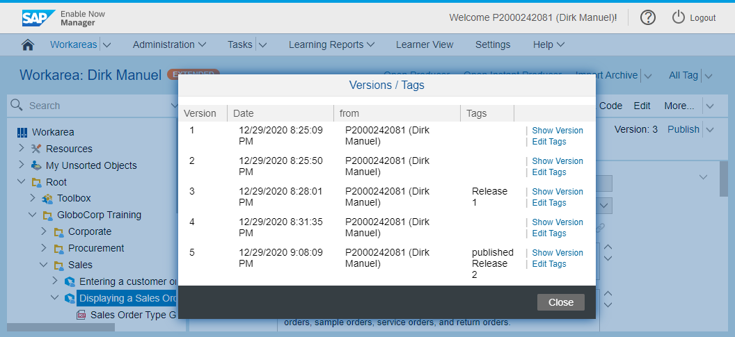 Working with Version Tags – The Enable Now Expert